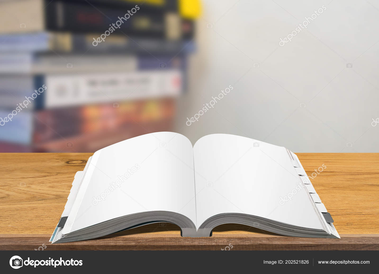 Open Book Wooden Table Blurred Bookshelf Background — Stock Photo ...