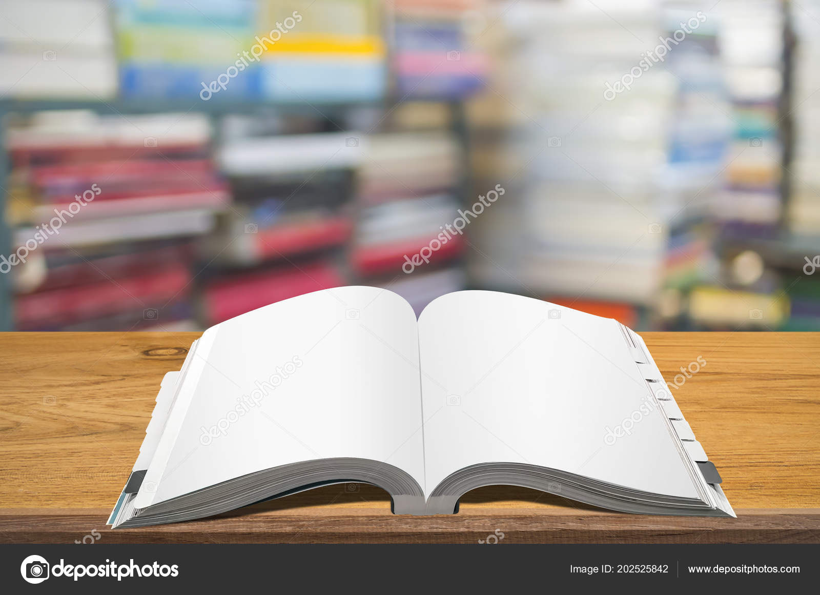 Open Book Wooden Table Blurred Bookshelf Background — Stock Photo ...