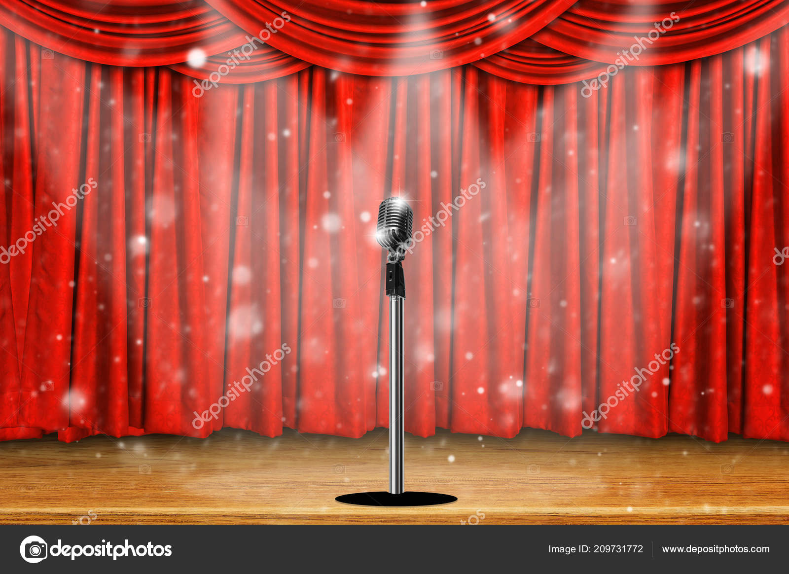 Retro Microphone Red Curtain Background Vintage Musical Concept — Stock ...