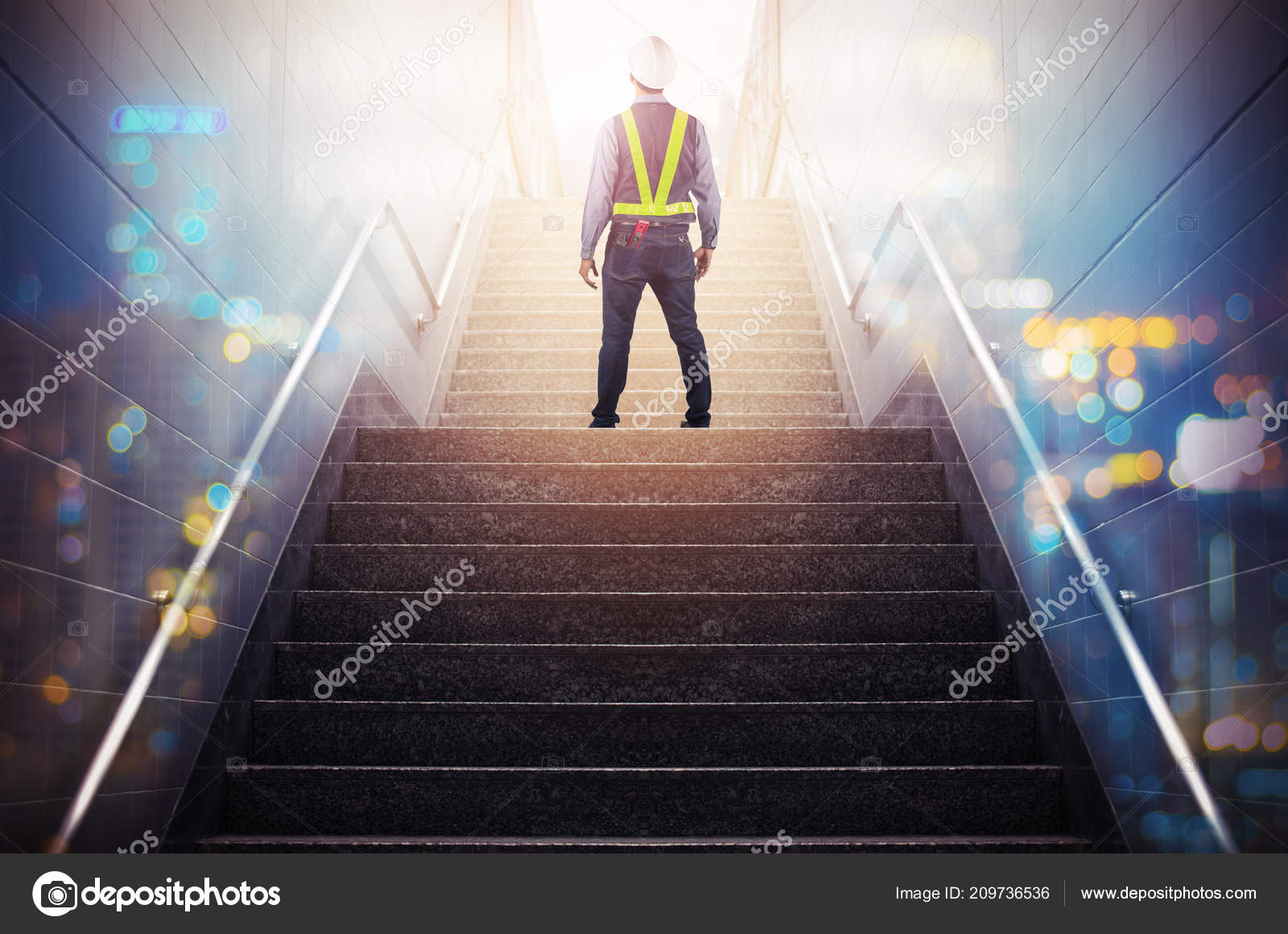 Rear View Engineering Climbing Stairs Concept Success Stock Photo by ...