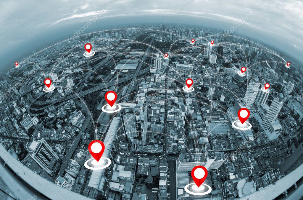 Pin de mapa por encima del paisaje urbano y el concepto de conexión de ...