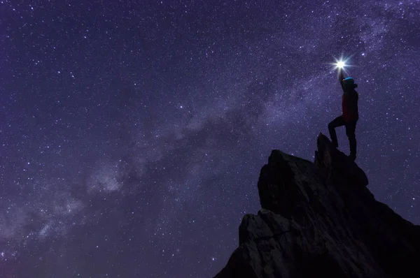 Landscape Milky Way Night Sky Stars Silhouette Standing Happy Man ...