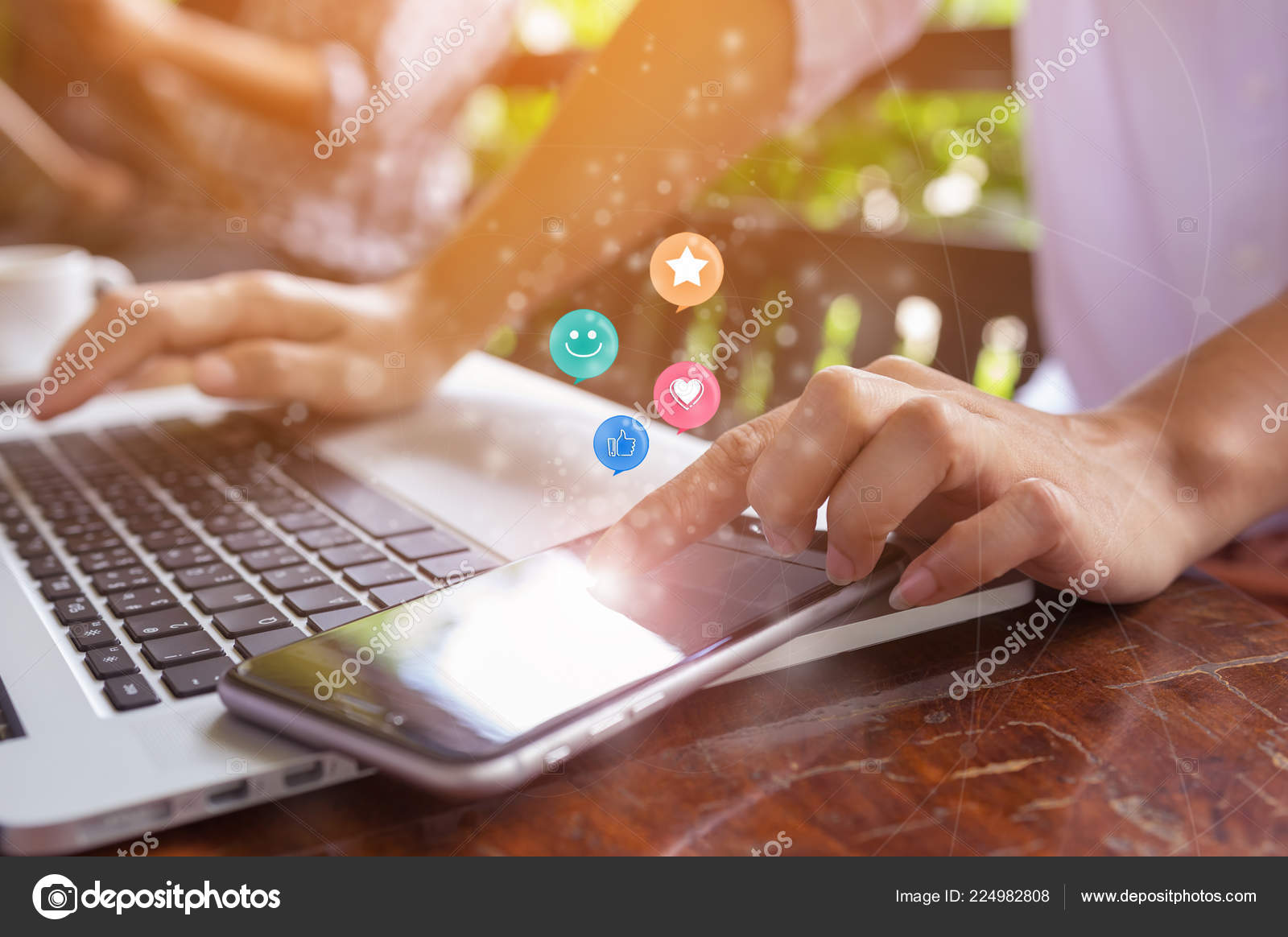 Woman Hand Pressing Smartphone Smiley Face Love Star Emoticons Virtual ...