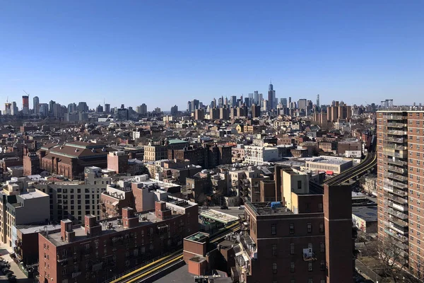 View of NYC and Manhattan from the roofs of a Brooklyn building, spring ...