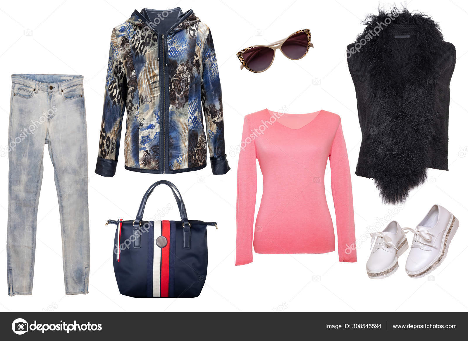 Collage woman clothes. Set of a stylish and trendy women jeans, — Stock ...