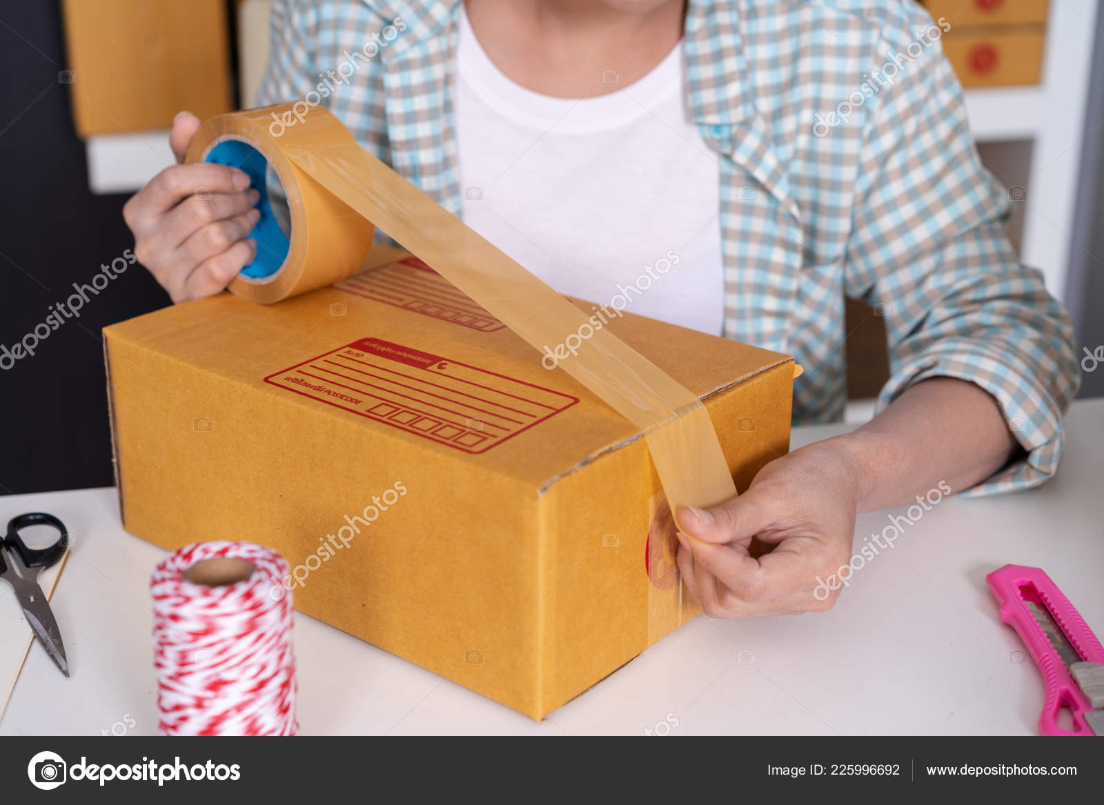 Close Hand Woman Online Entrepreneur Using Tape Packing Parcel Box ...