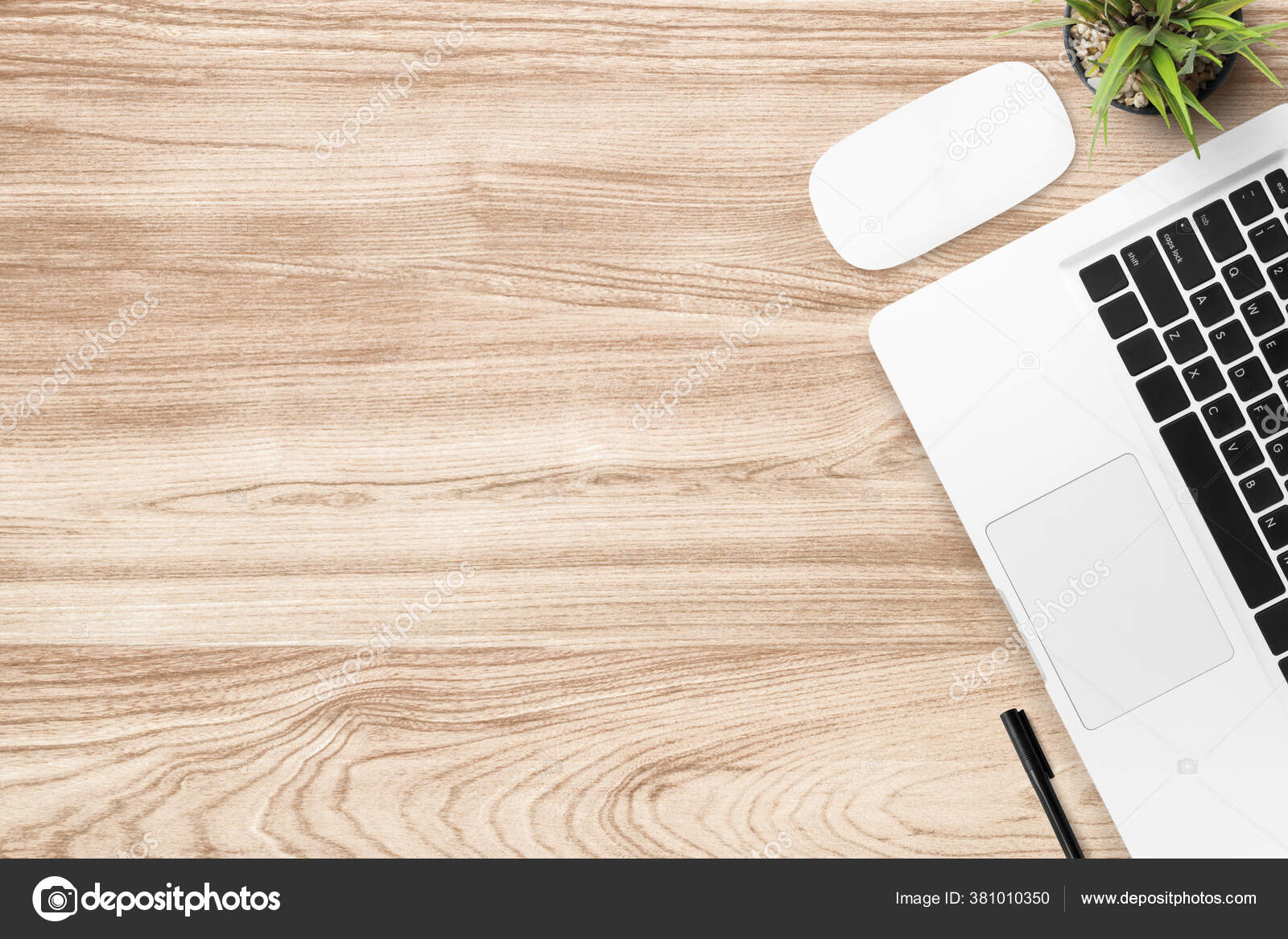 Wood Office Desk Table Laptop Supplies Top View Copy Space Stock Photo ...