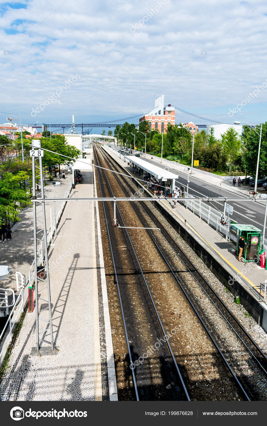 Two Train Tracks Next Station Platform People Blue Sky Background ...