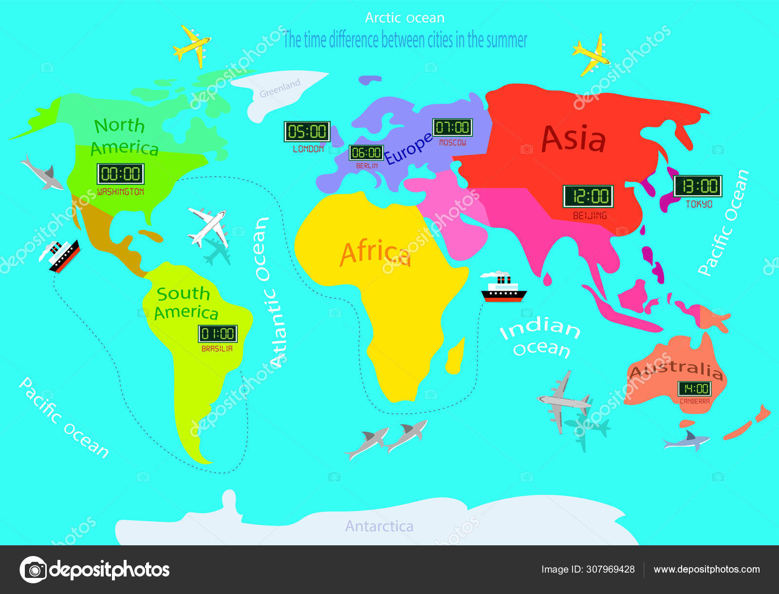 Tidszoner på et verdenskort. Tidsforskel mellem landene om sommeren ...