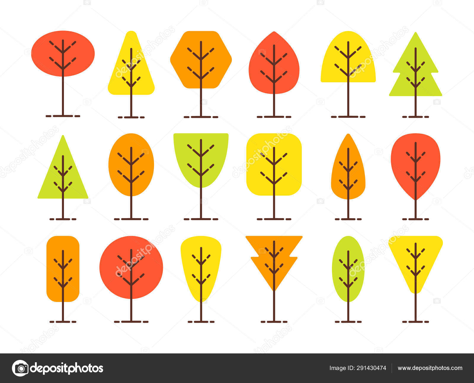 Simple geometric tree symbols. Flat icon set of autumn forest pl Stock ...