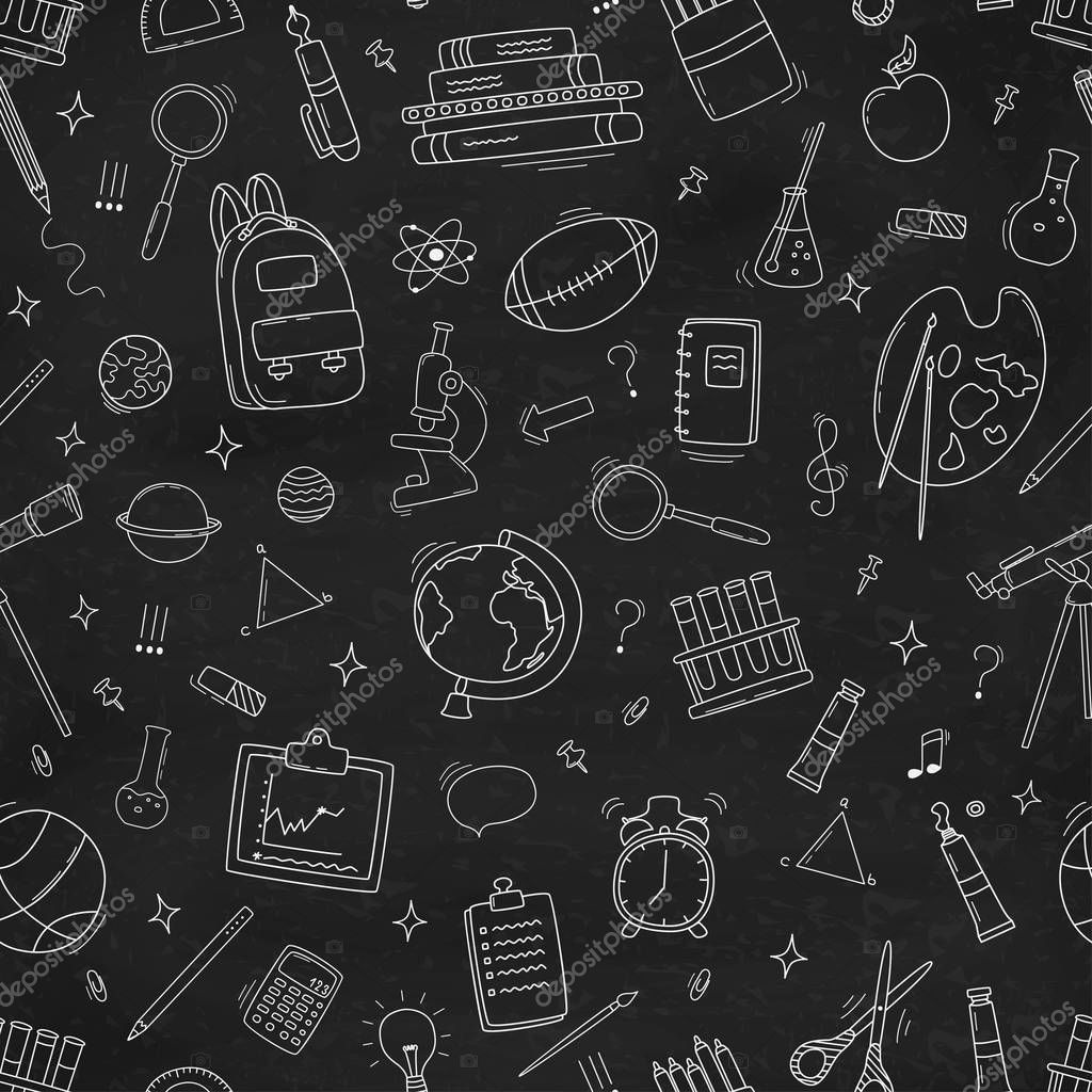 Patrón sin costuras con útiles escolares y elementos creativos. De vuelta a la escuela ...