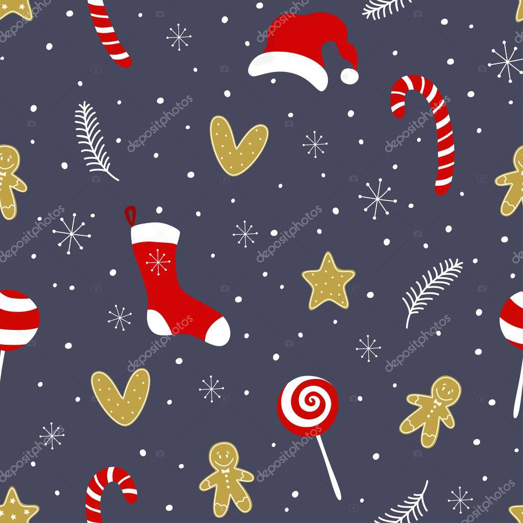 Patr n sin costuras de elementos navide os con galletas de jengibre, calcetines, dulces ...