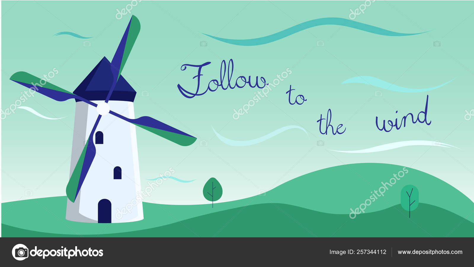 Rural Landscape Windmill Lettering Follow Wind White Background Vector ...