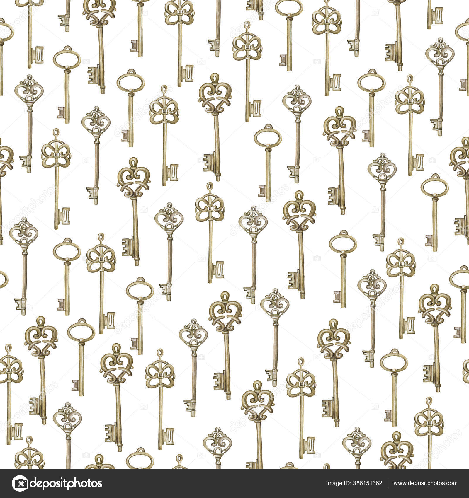 Seamless Pattern Old Golden Keys White Background Hand Drawn Watercolor ...