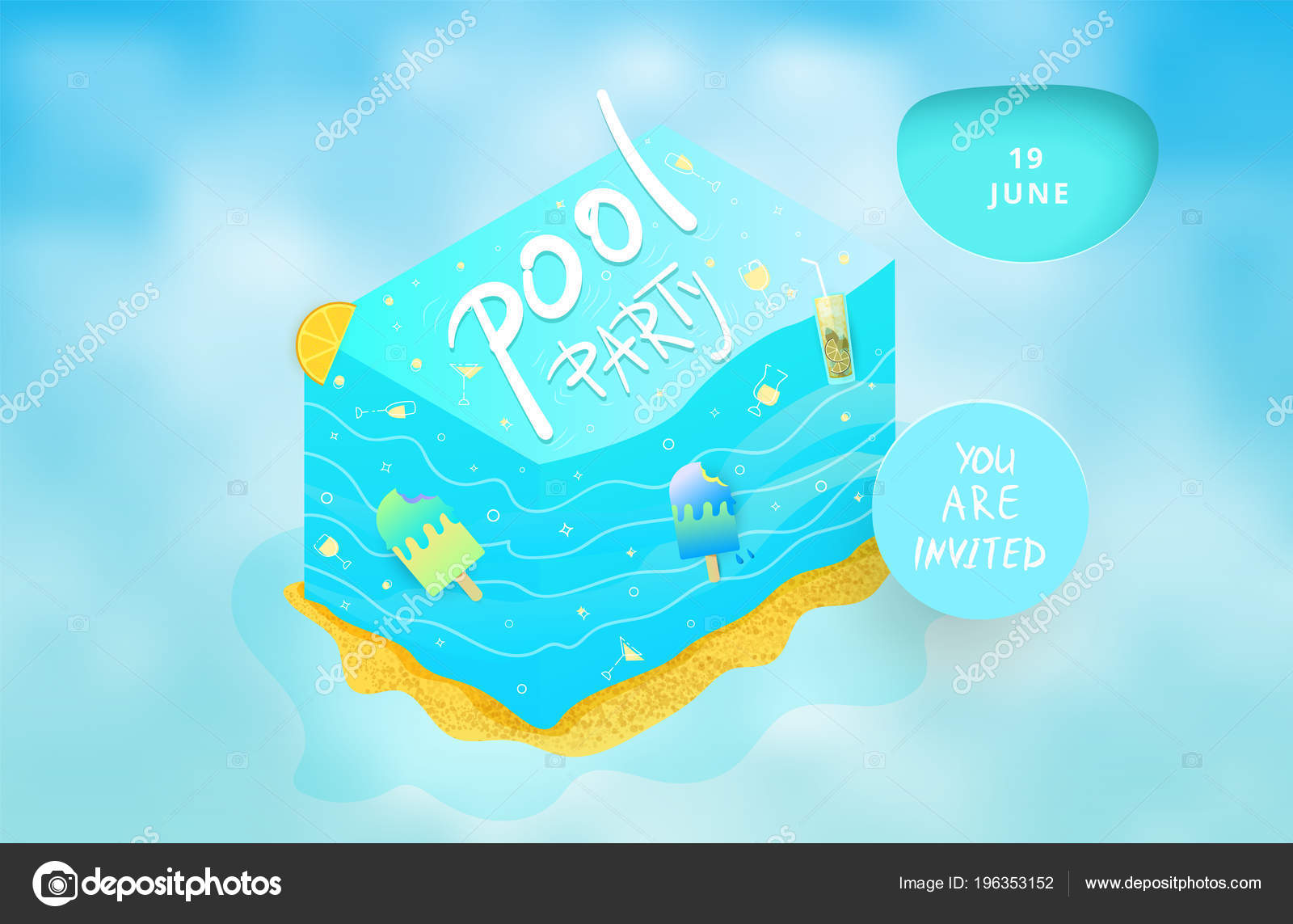 Pool Party Flyer Cloudy Background Template Summer Holiday Event Design ...