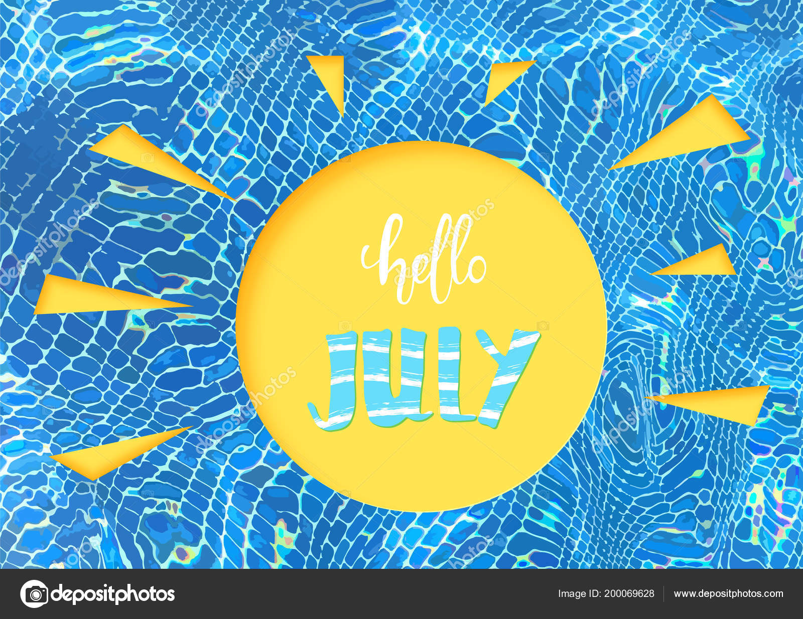 Hello July Banner Sun Water Background Handwritten Lettering Vector ...