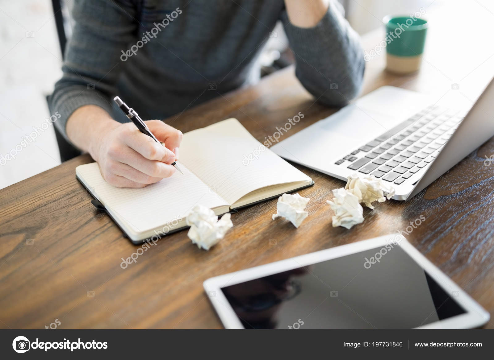 Close Male Author Writing Book Crumpled Pages Table Stock Photo by ...