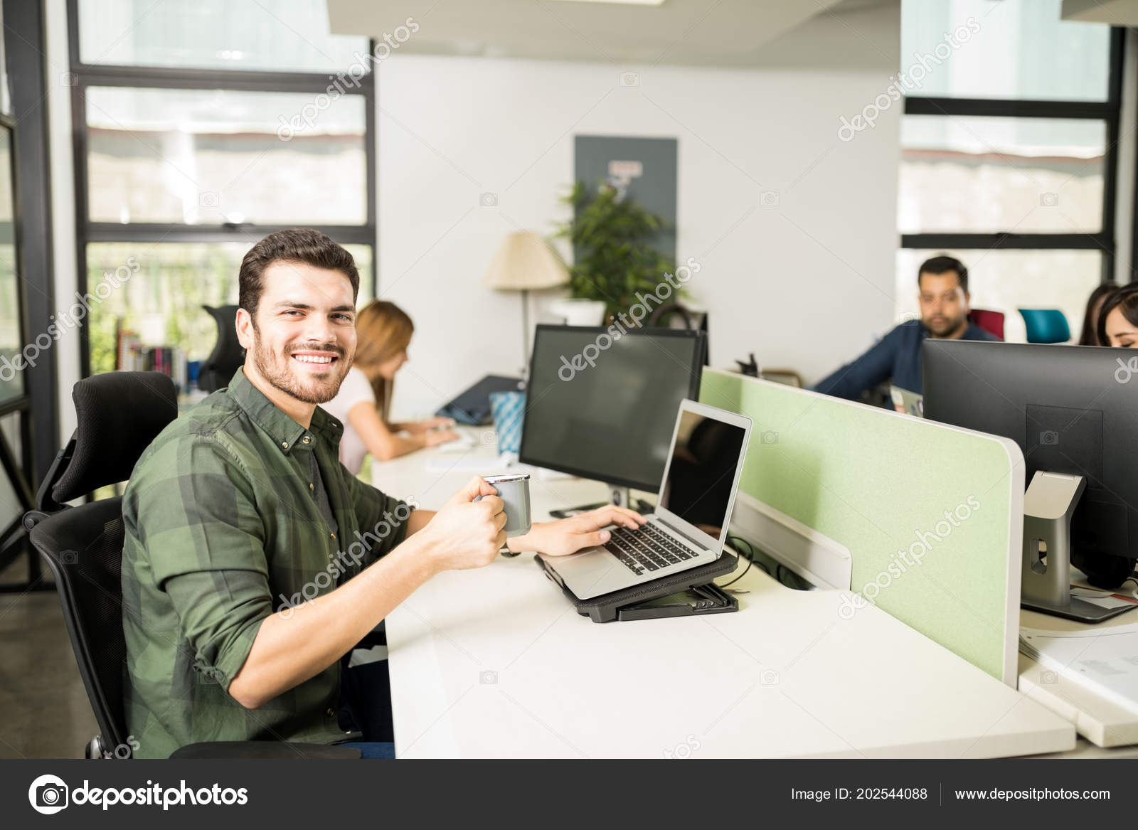 Portrait Happy Latin Man Sitting Work Desk Cup Coffee Looking Stock ...