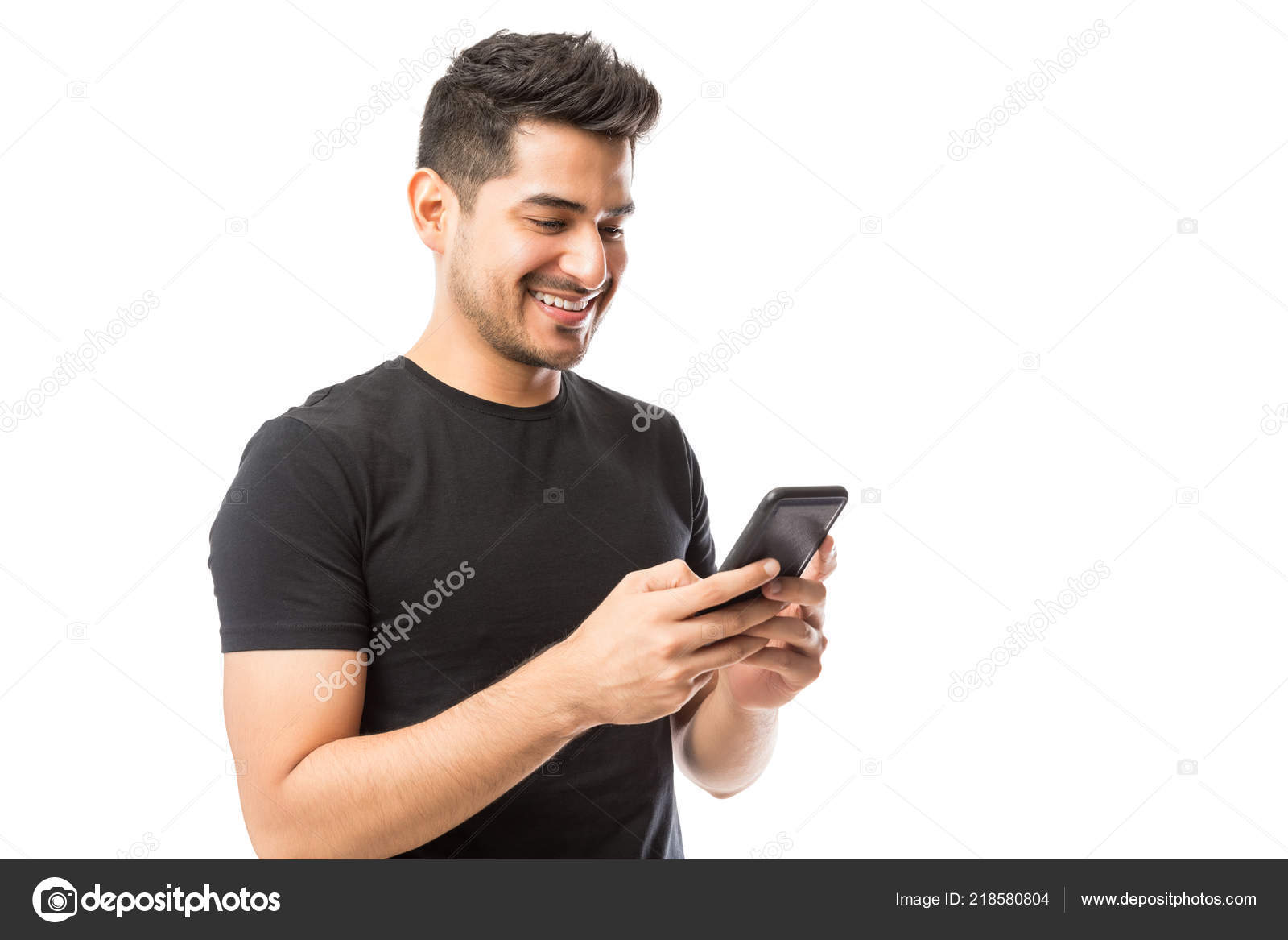 Handsome Young Man Smiling Social Networking His Smartphone White ...