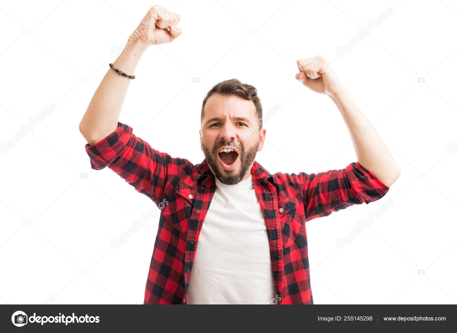 Exhilarated Man Mouth Open Arms Raised Screaming White Background Stock ...