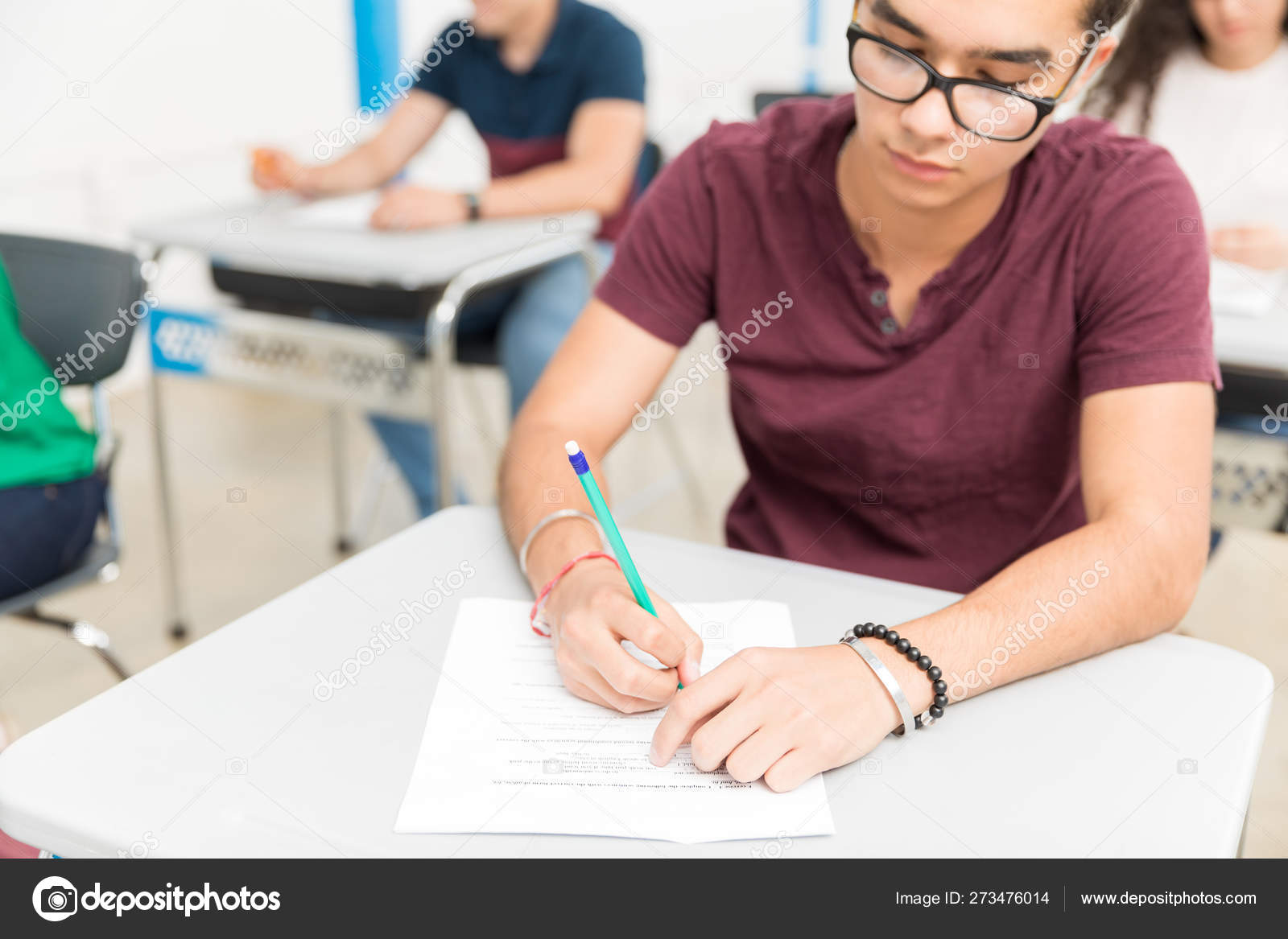 Confident Latin Student Writing Admission Test Classroom — Stock Photo ...
