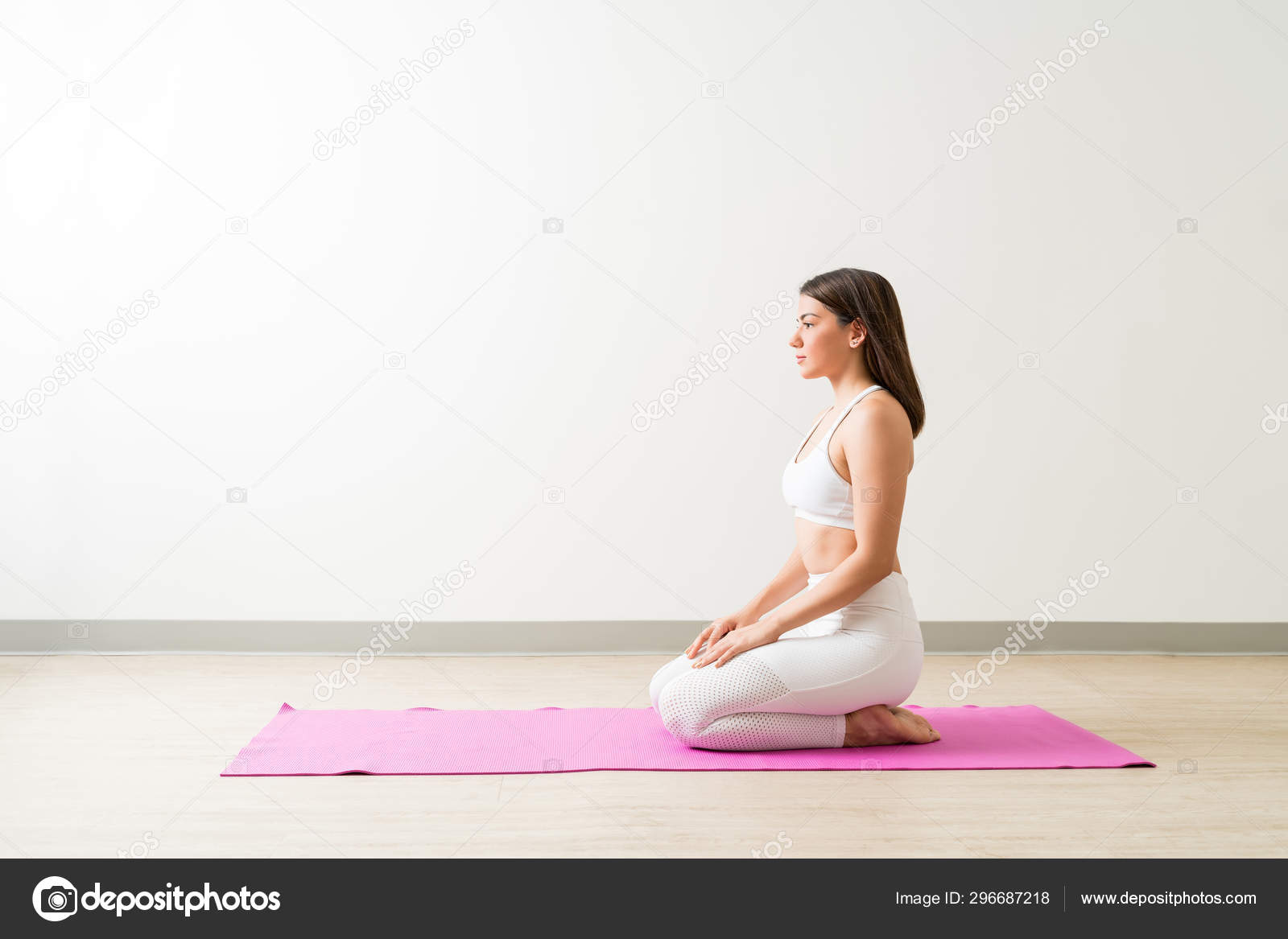 Side View Young Attractive Female Performing Vajrasana Mat Wall Fitness ...