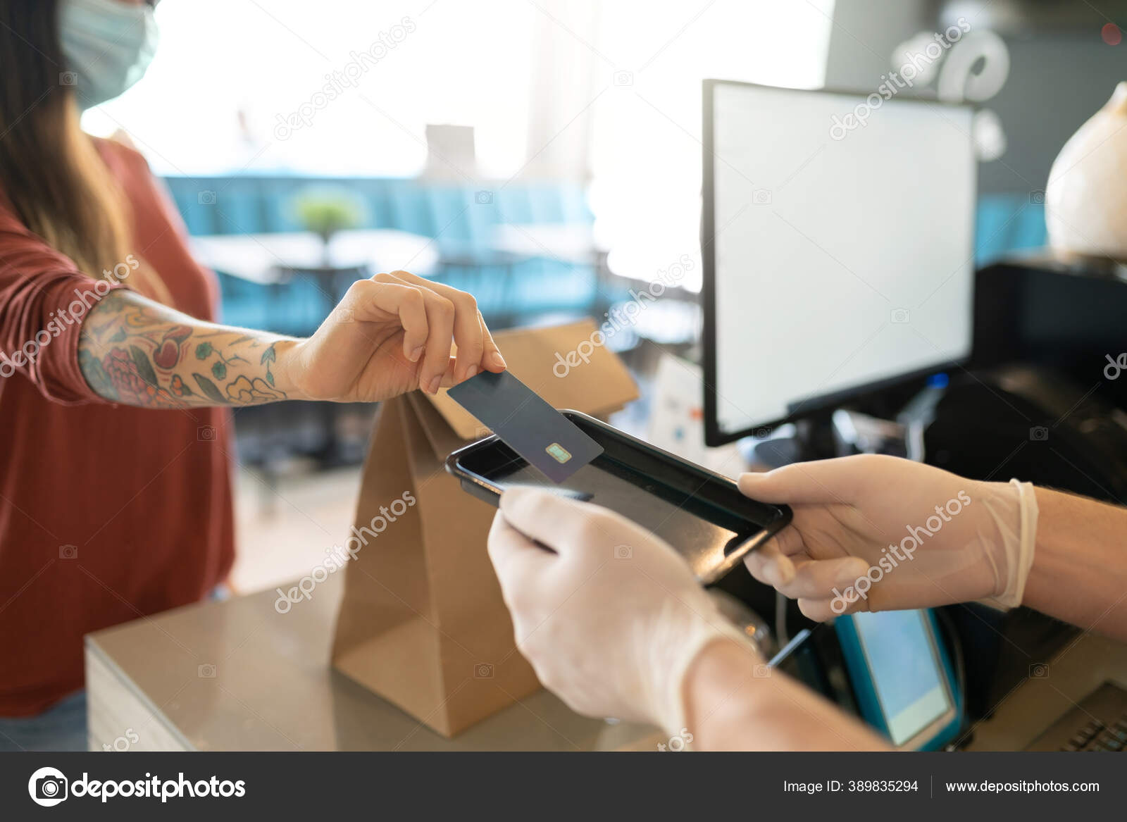Customer Putting Credit Card Tray Being Held Employee Restaurant ...