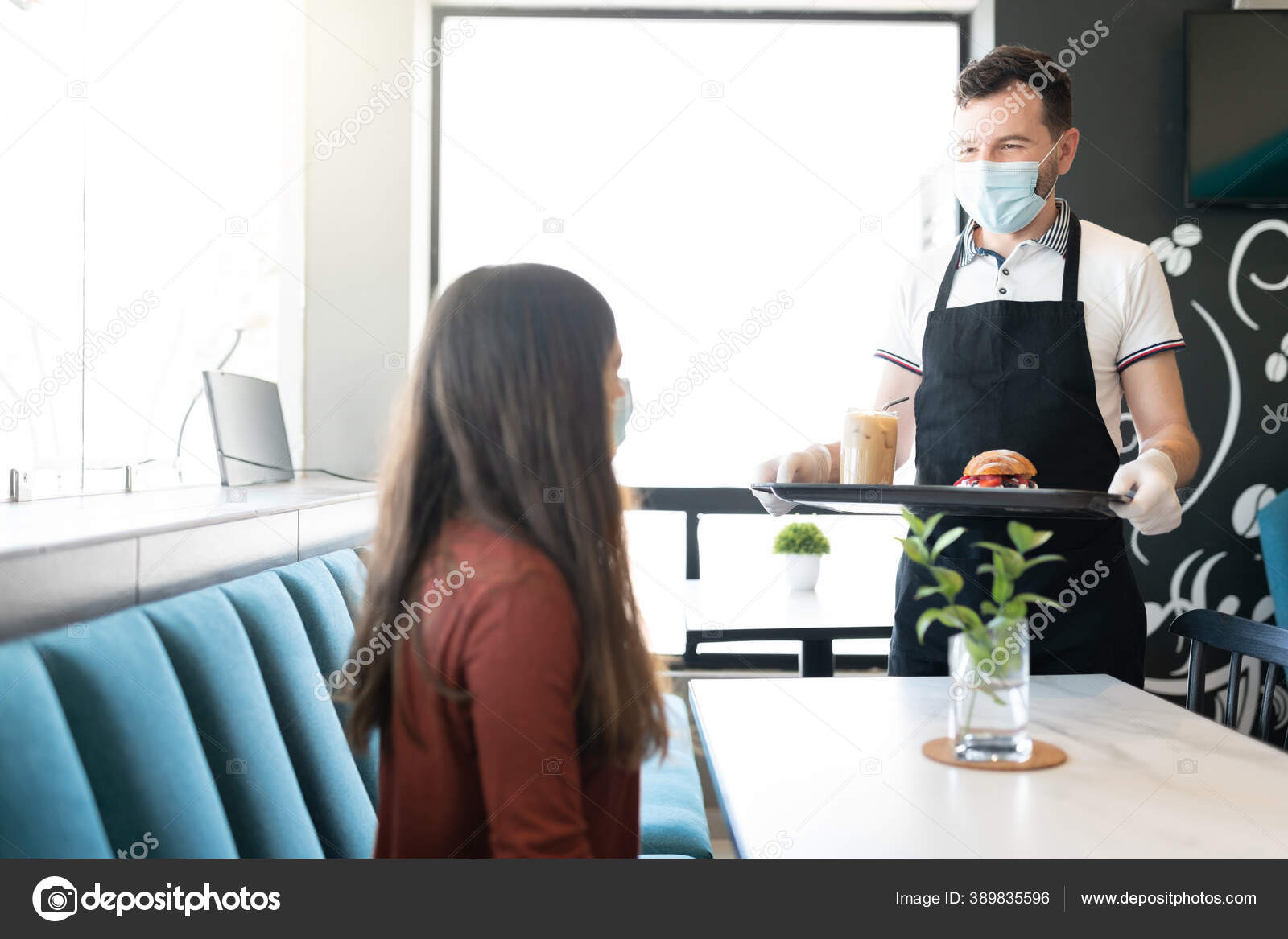 Male Staff Serving Order Young Woman Table Coronavirus Crisis Cafe ...