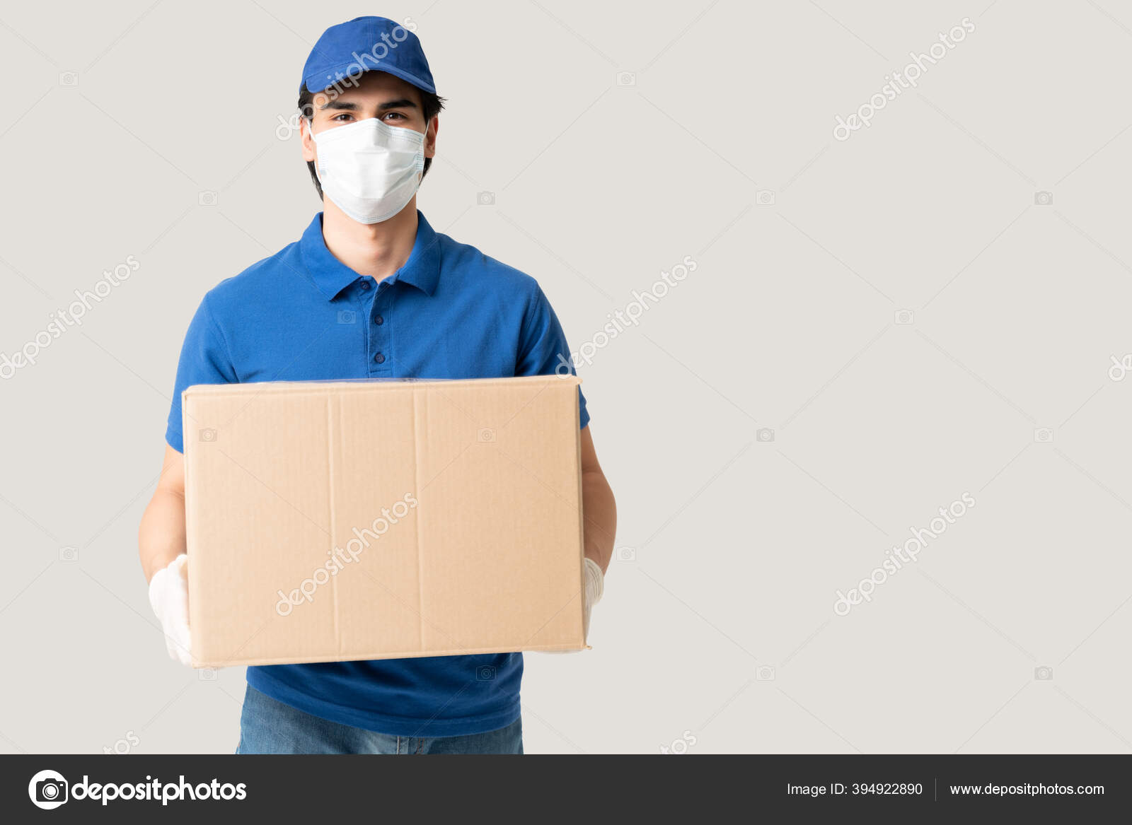 Portrait Delivery Man Face Mask Carrying Cardboard Box Coronavirus ...