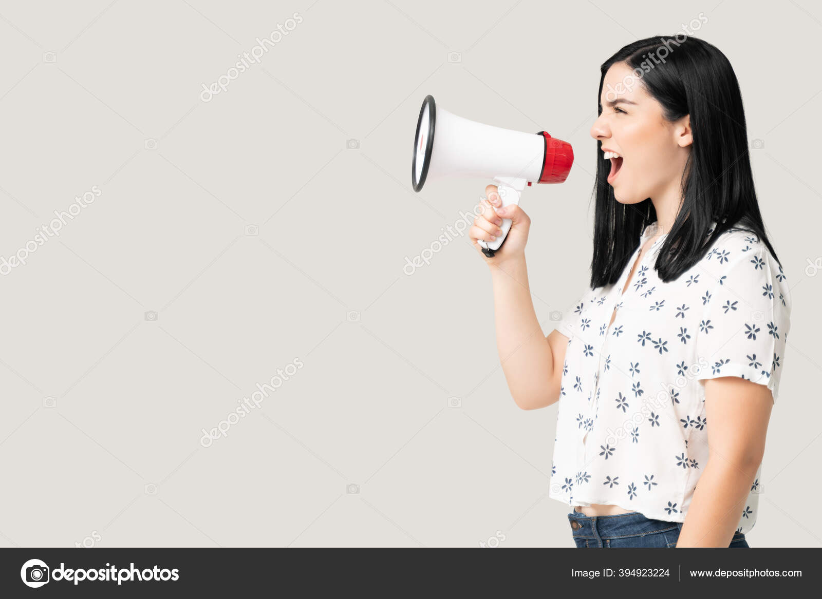 Side View Young Woman Making Announcement Using Megaphone Studio Stock ...