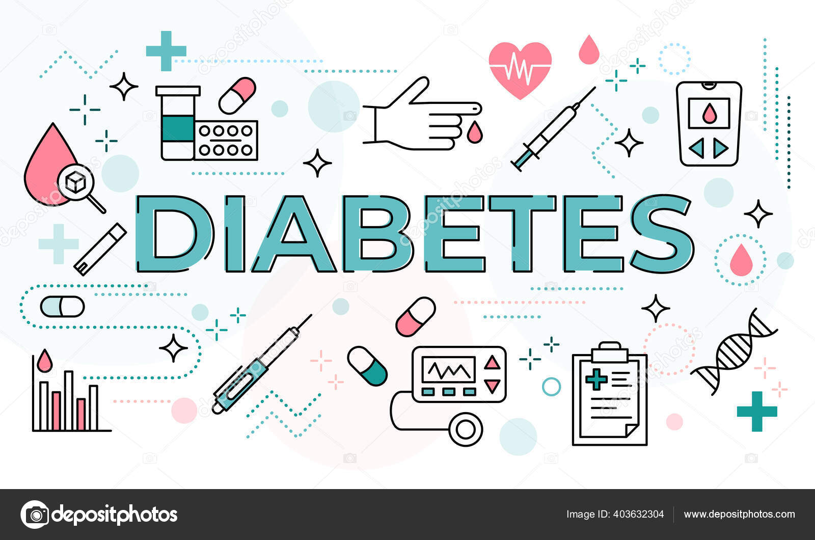 Diabetes mellitus word concept surrounded with line icons. Typography ...