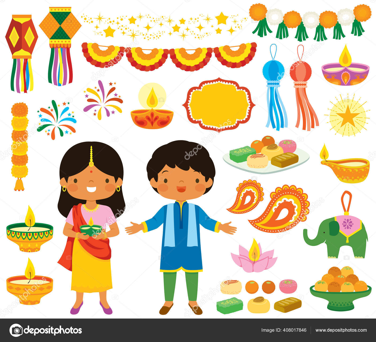 Diwali Clipart Set Varios Símbolos Fiesta India Luces Con Niños vector ...