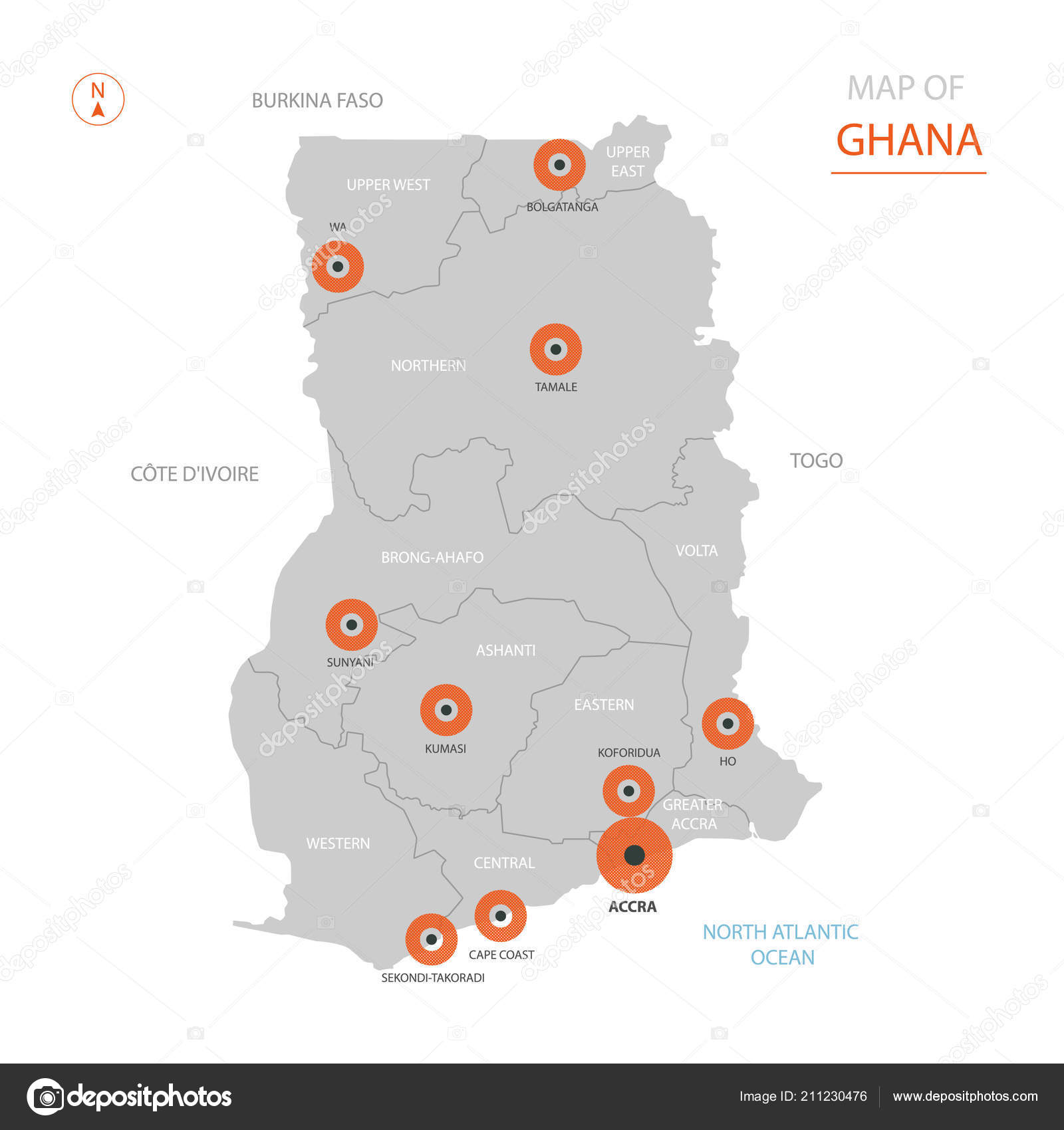 Vector Estilizado Ghana Mapa Que Muestra Las Grandes Ciudades Capital ...