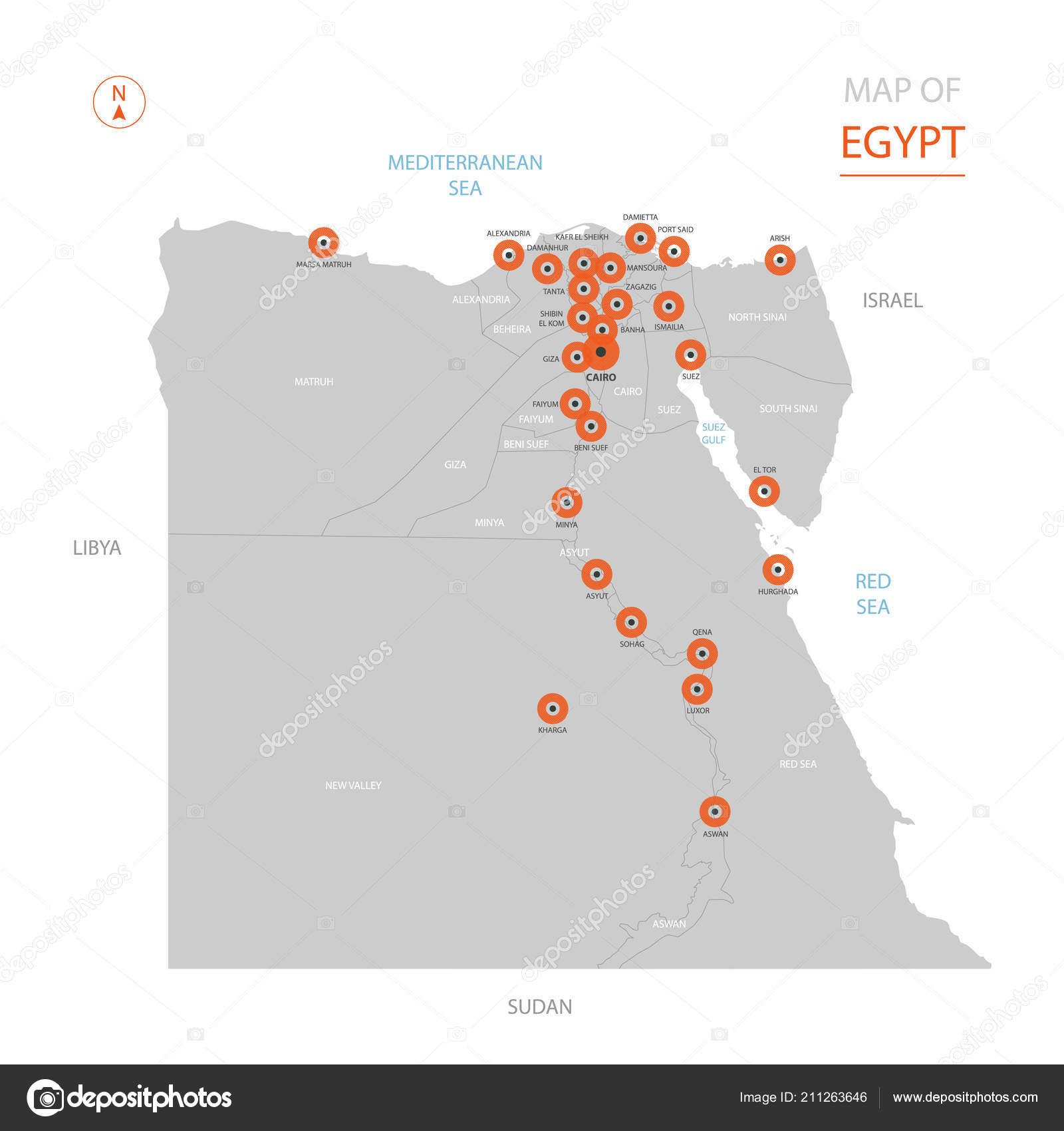 Vector Estilizado Egipto Mapa Mostrando Grandes Ciudades Capital Cairo ...
