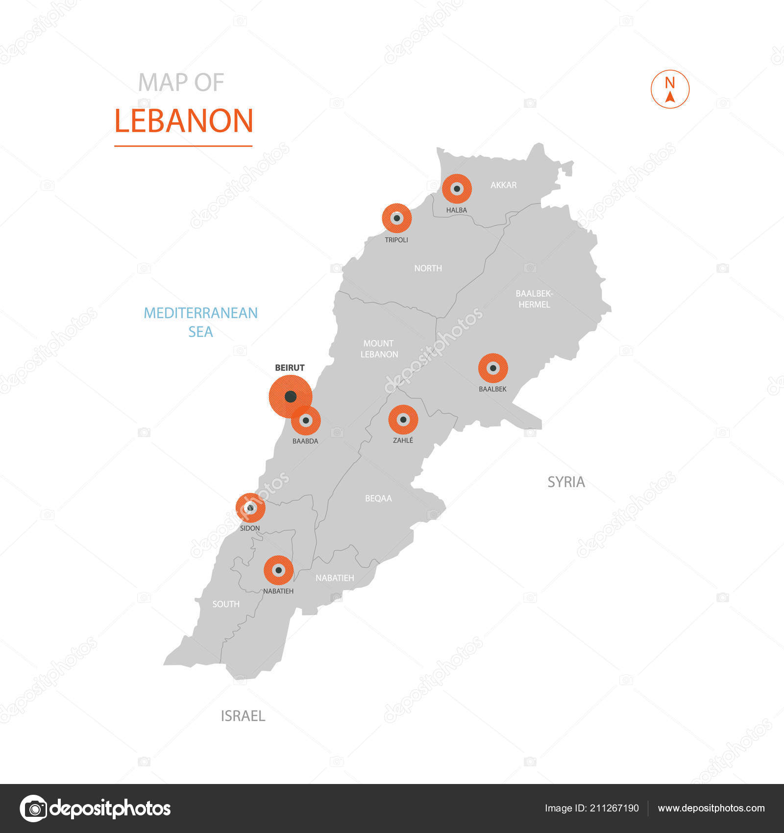 Stylized Vector Lebanon Map Showing Big Cities Capital Beirut ...