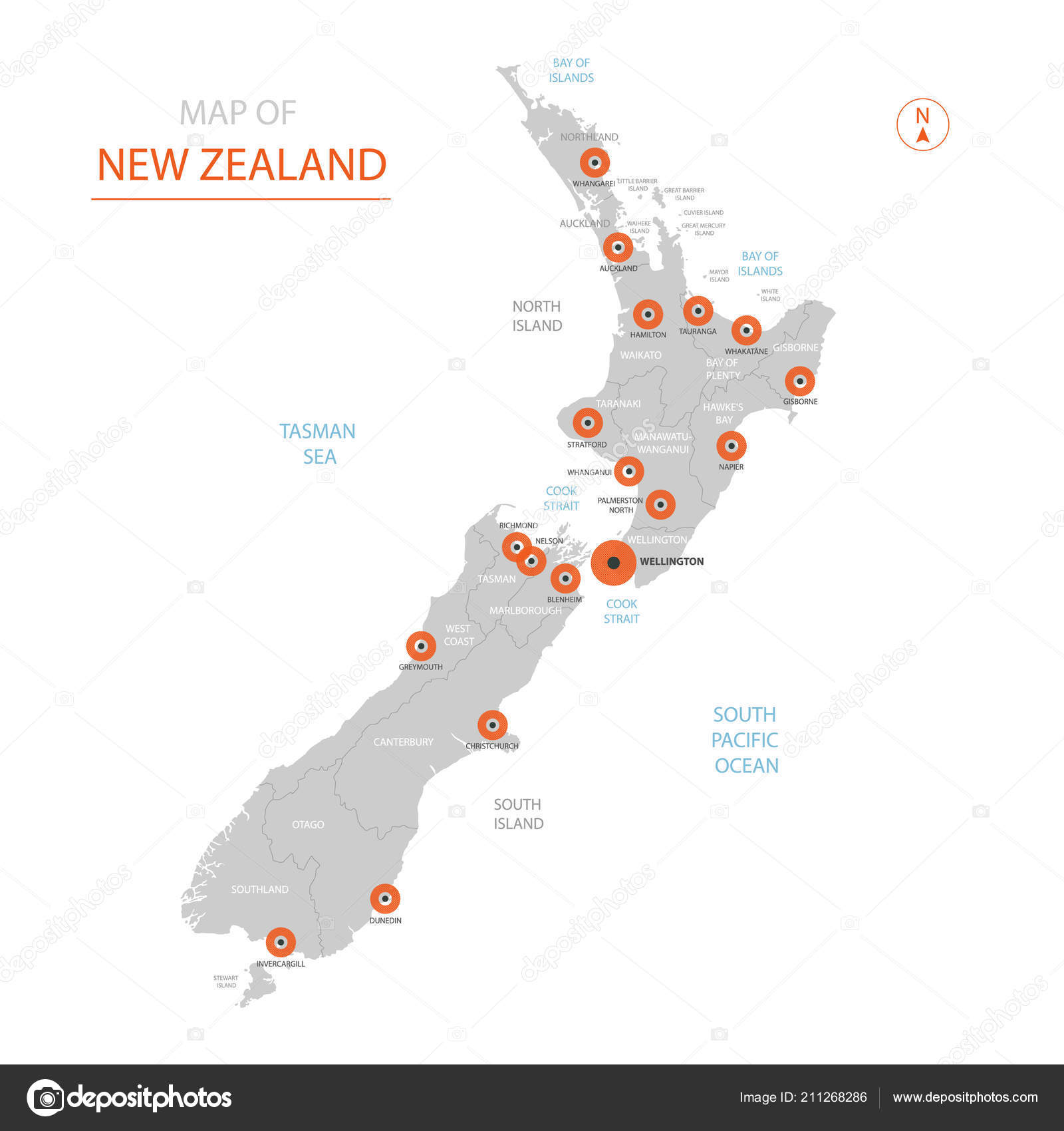 Stylized Vector New Zealand Map Showing Big Cities Capital Wellington ...