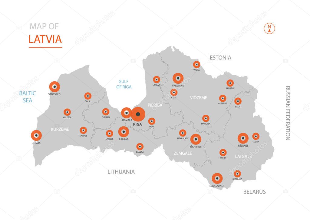 Stilize Vektör Letonya Haritası Gösteren Büyük Şehirler Başkenti Riga ...