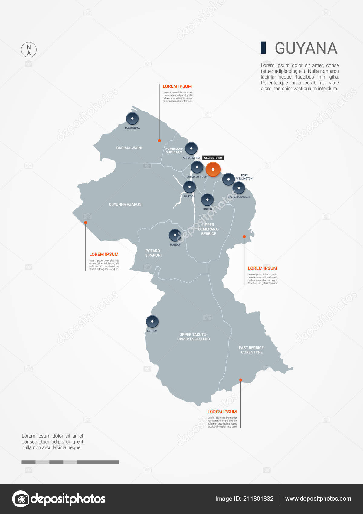 Guyana Mapa Con Fronteras Ciudades Capital Divisiones Administrativas ...