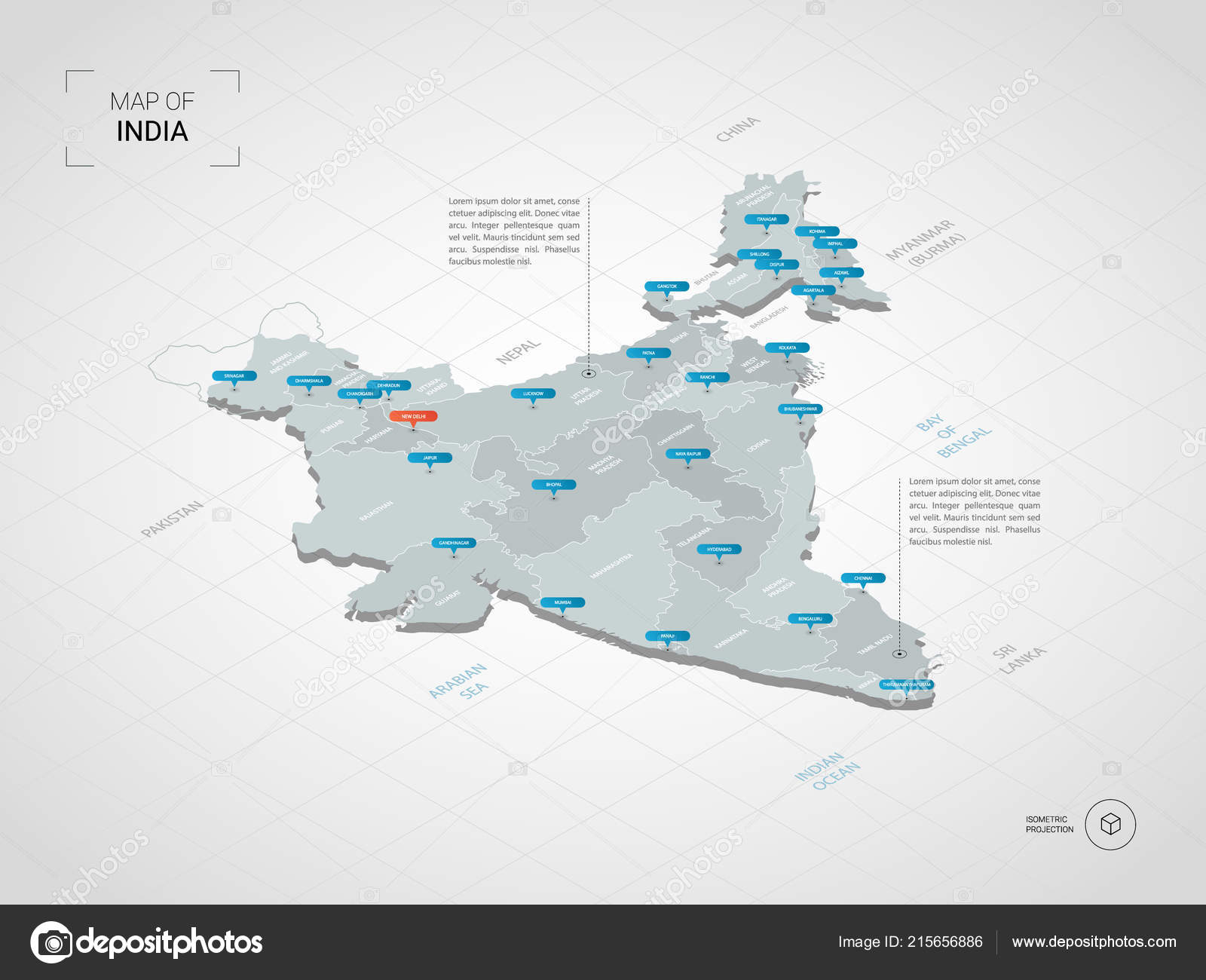 Isometrisk Indien Kort Stiliseret Vektor Kort Illustration Med Byer ...