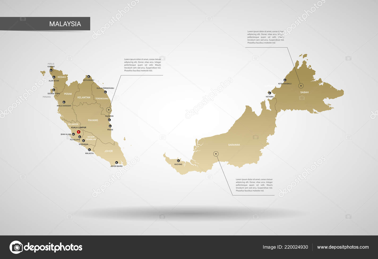 程式化矢量马来西亚地图 信息图3D 黄金地图插图与城市 行政区划和指针标记 渐变背景 — 图库矢量图像© molokowall #220024930