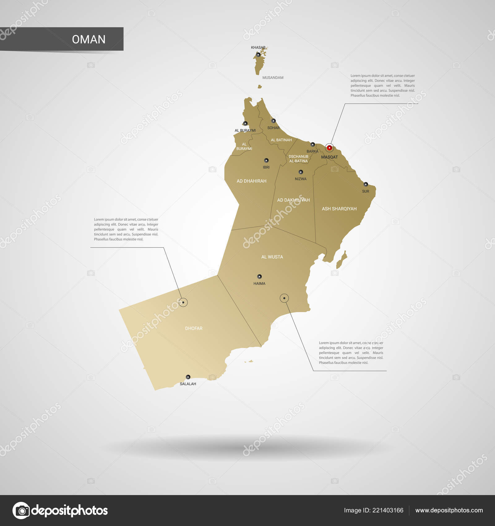 Vector Estilizado Omán Mapa Infografía Mapa Oro Ilustración Con Ciudades Vector de stock por ...