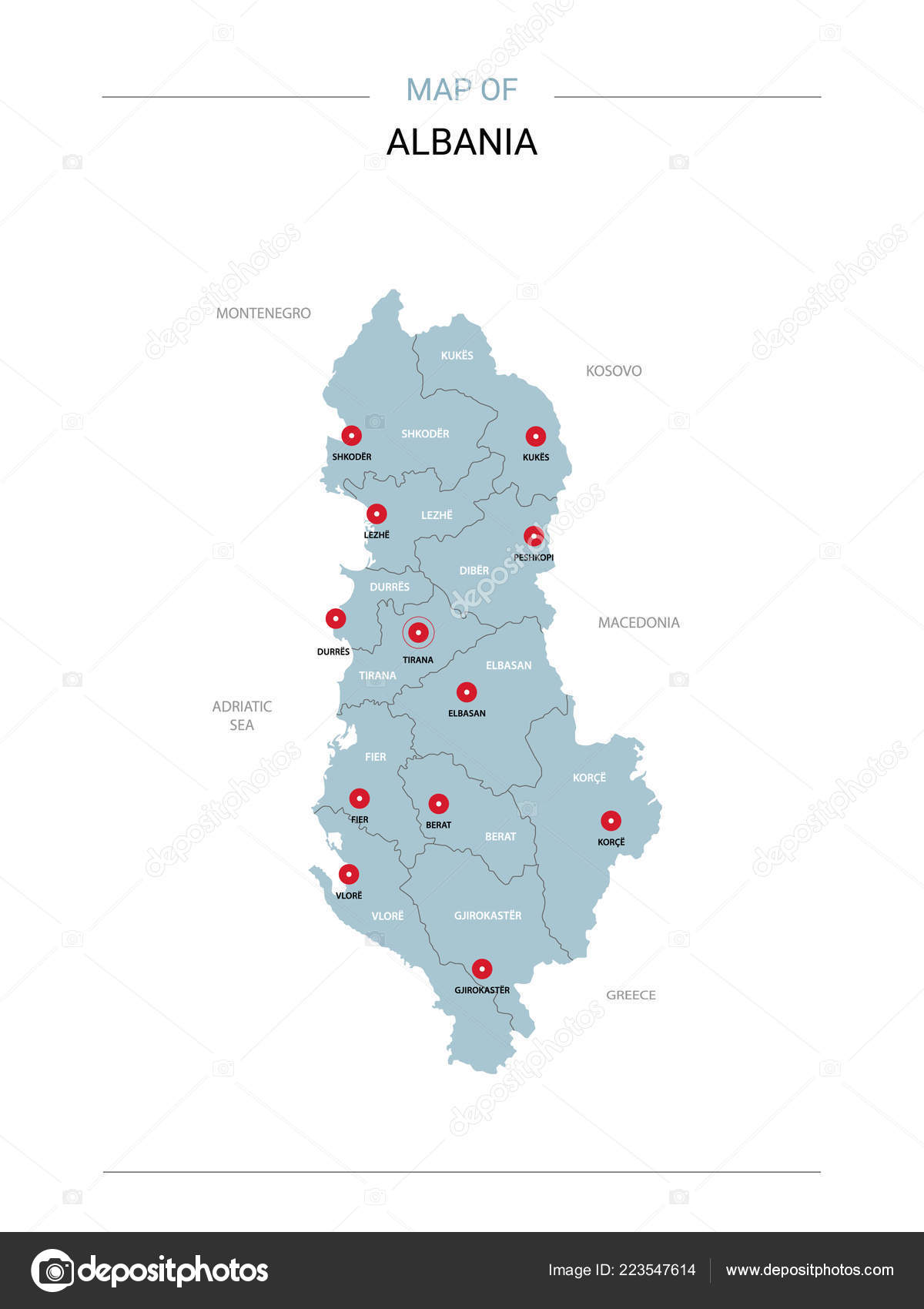 Albania Vector Map Editable Template Regions Cities Red Pins Blue Stock ...