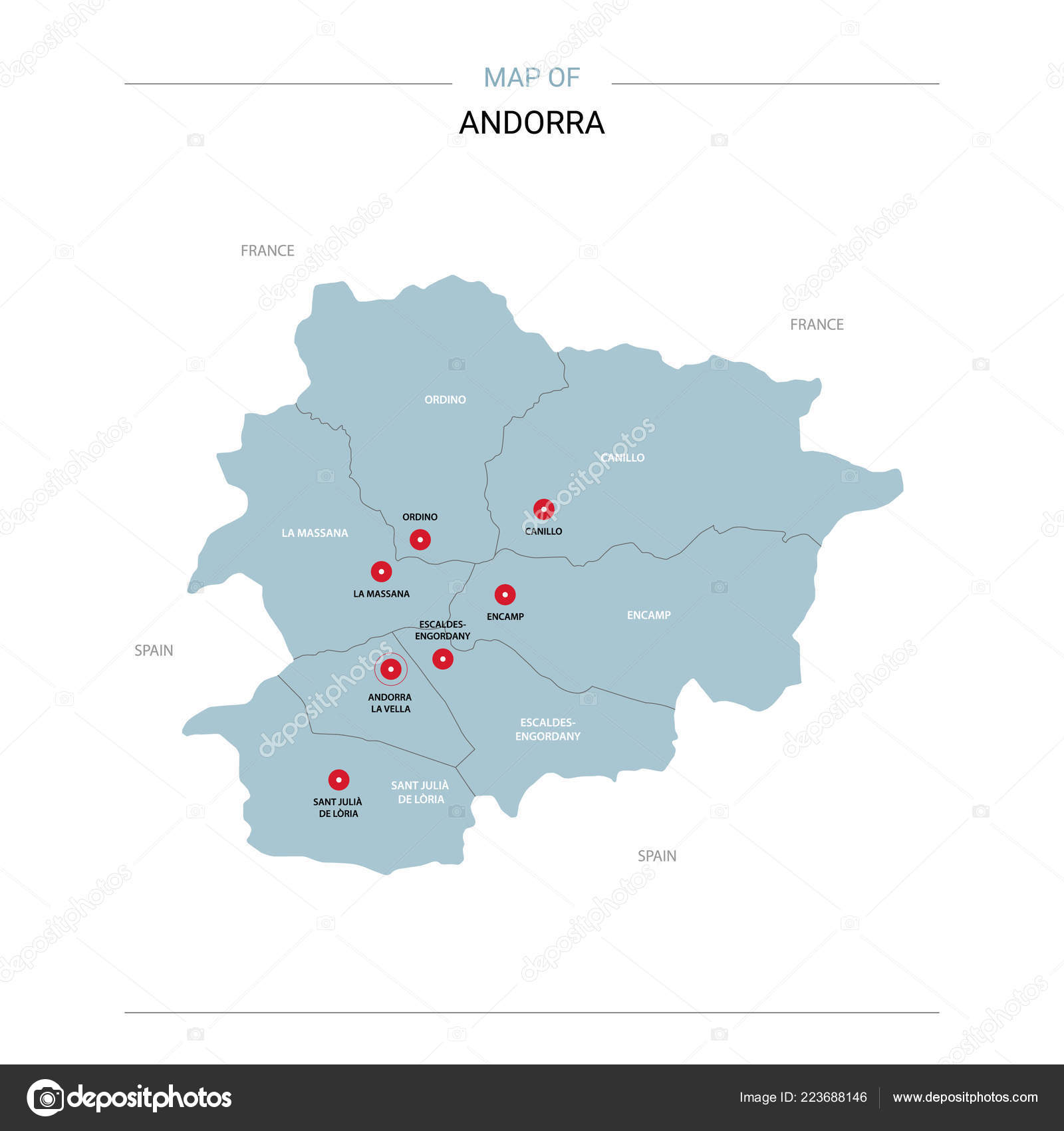 Andorra Vector Map Editable Template Regions Cities Red Pins Blue Stock ...