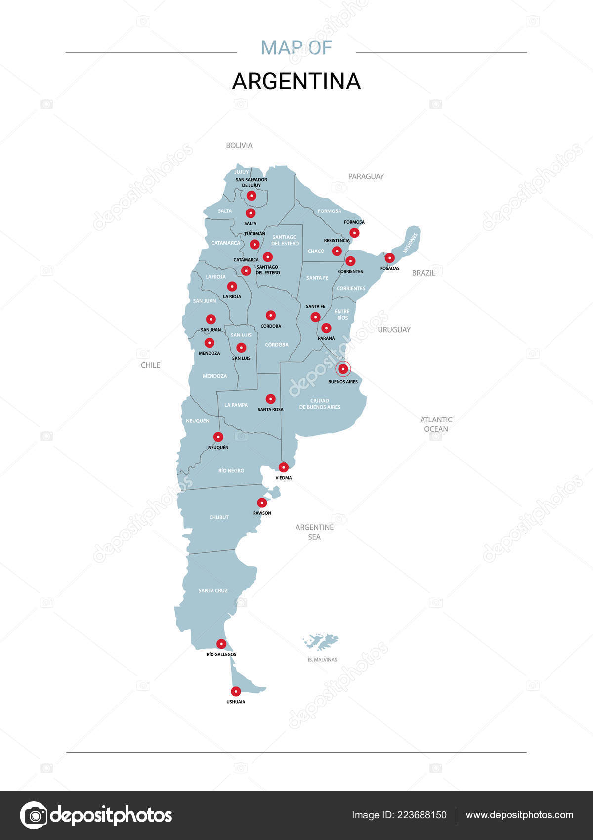 Mapa Vectorial Argentina Plantilla Editable Con Regiones Ciudades Pines ...