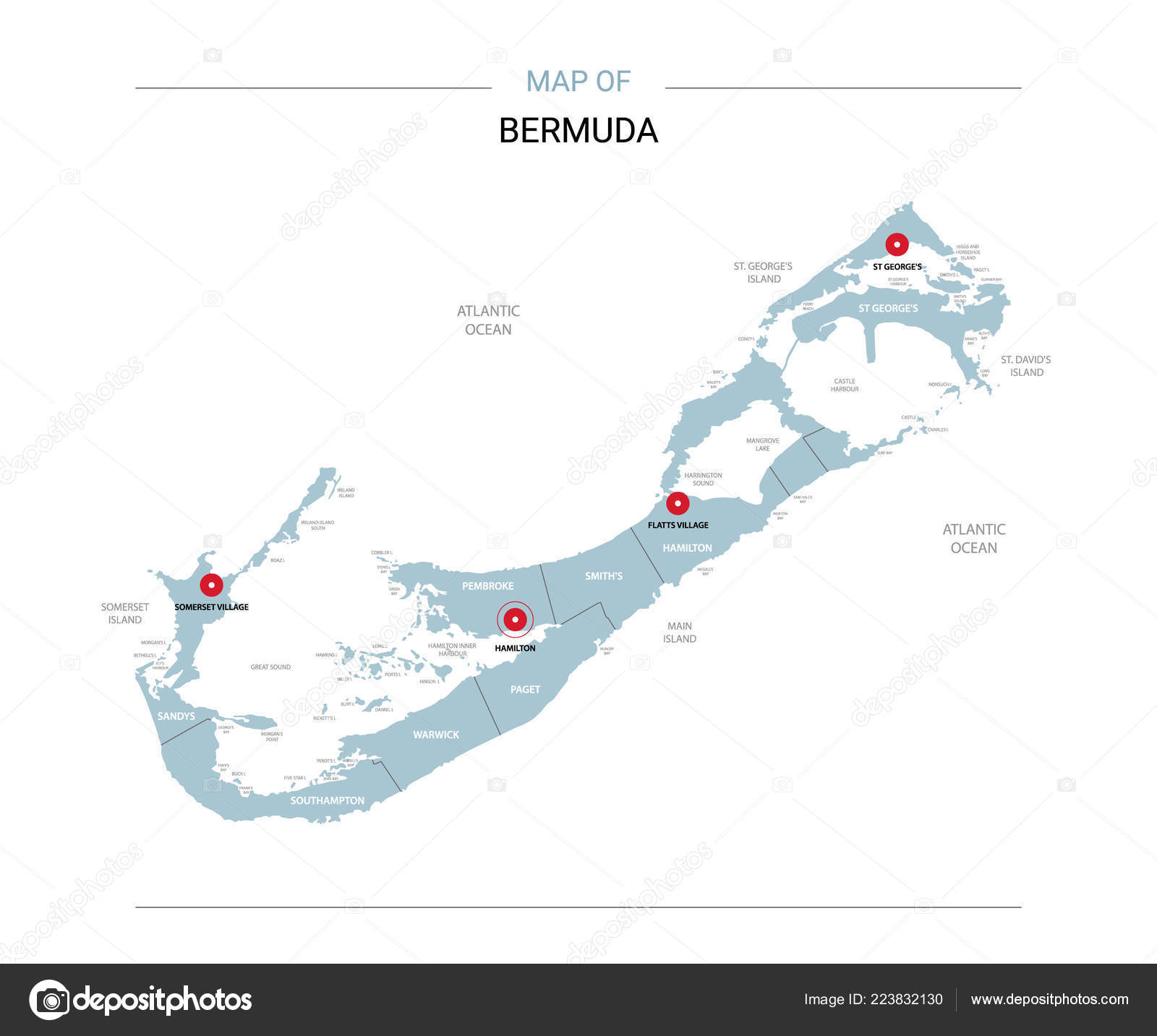 Bermuda Vector Map Editable Template Regions Cities Red Pins Blue Stock ...