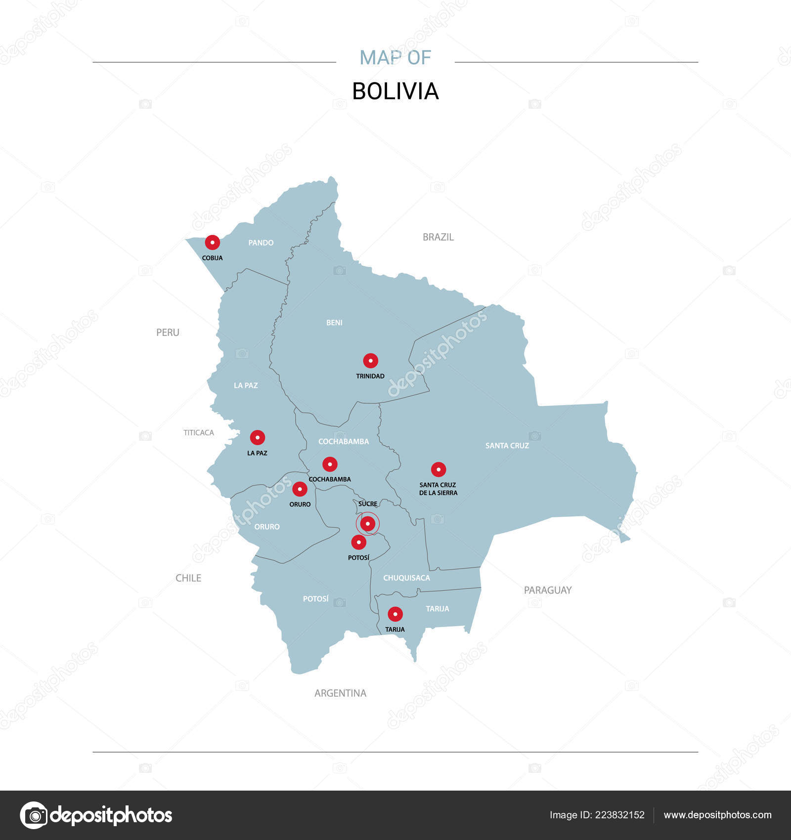 Mapa Vectorial Bolivia Plantilla Editable Con Regiones Ciudades Pines Rojos Stock Vector by ...