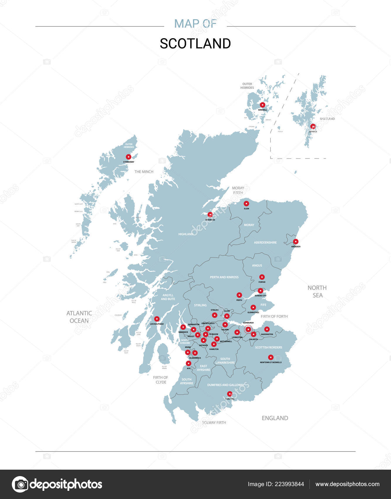 Scotland Vector Map Editable Template Regions Cities Red Pins Blue ...