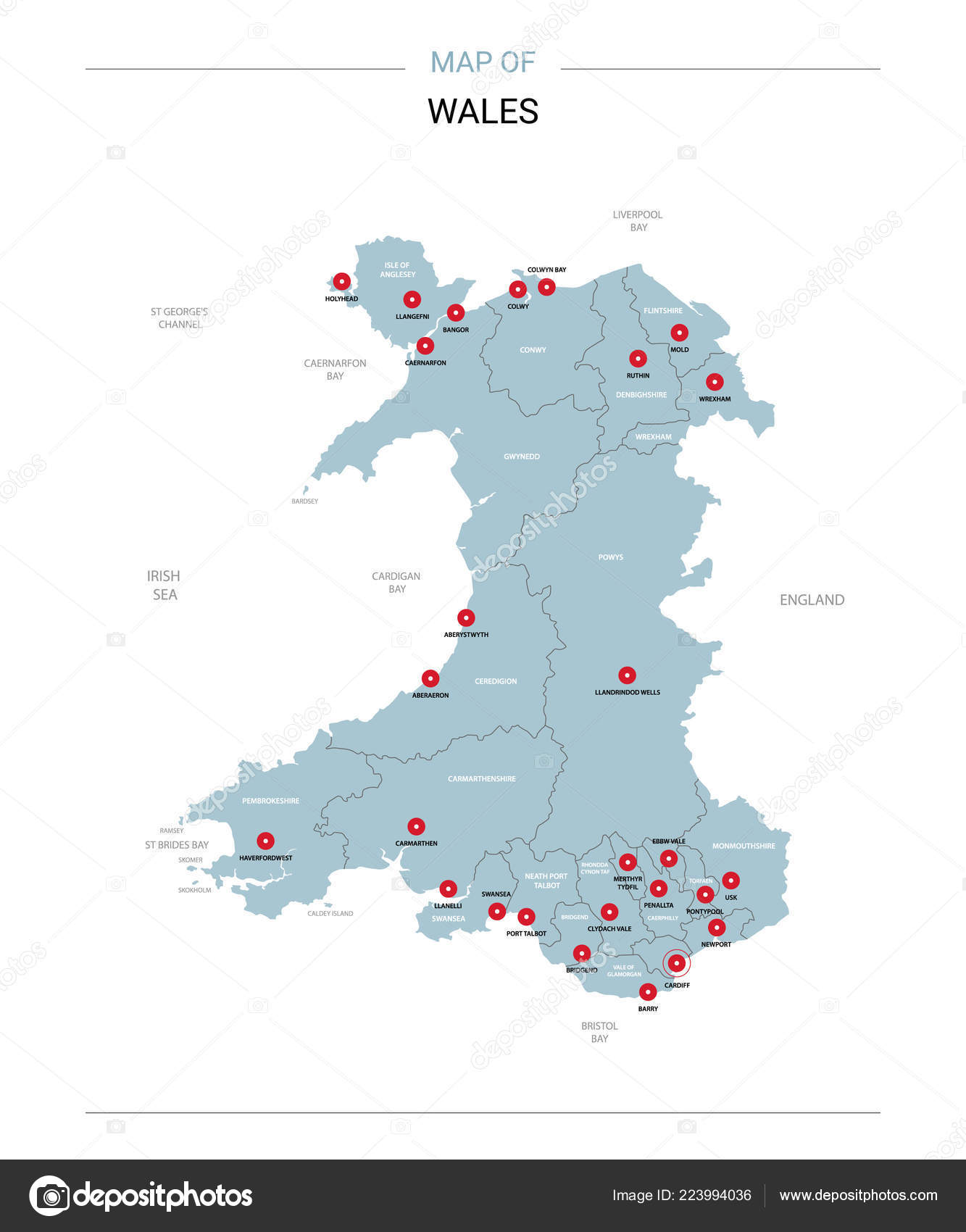 Wales Vector Map Editable Template Regions Cities Red Pins Blue Stock ...