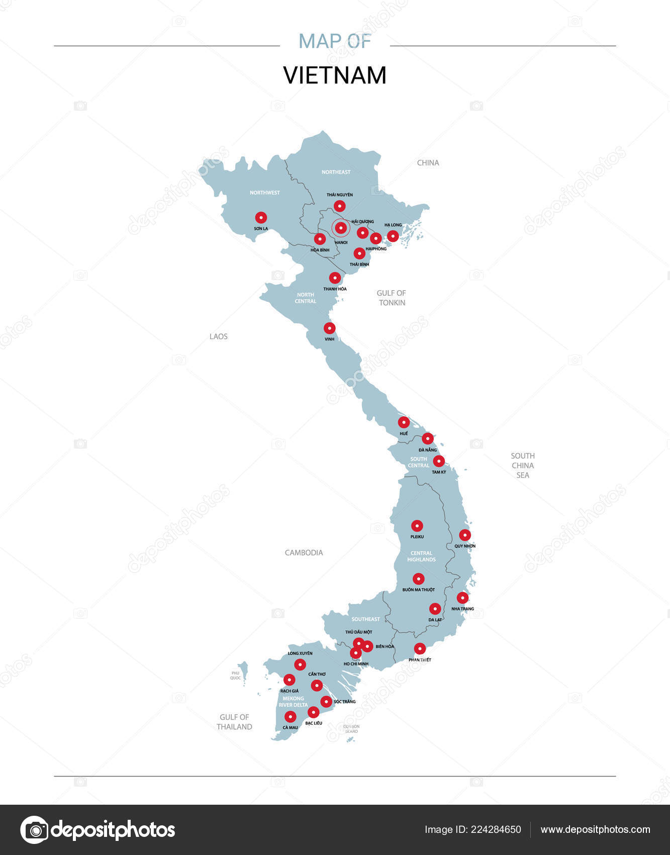Vietnam Vector Map Editable Template Regions Cities Red Pins Blue Stock ...