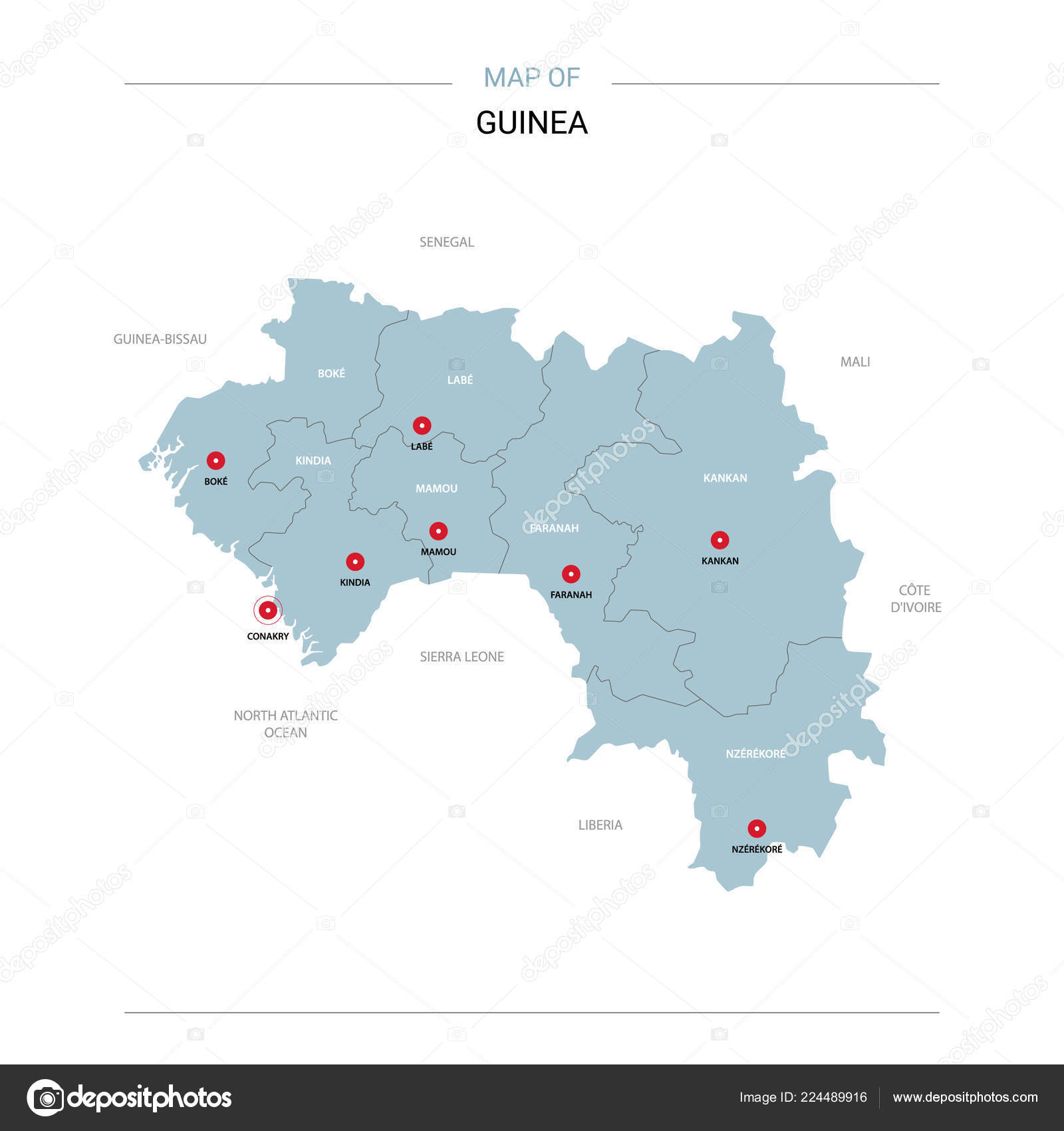 Guinea Mapa Vectorial Plantilla Editable Con Regiones Ciudades Pines ...